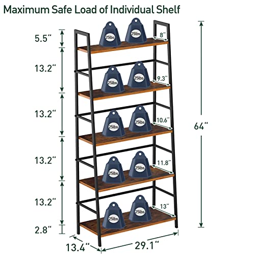 SpringSun 5 Tier Bookshelf Industrial Ladder Shelf Open Display Storage Rack Wood Bookcase with Metal Frame, Freestanding Storage Shelves for Home Office, Living Room, Bedroom, Kitchen