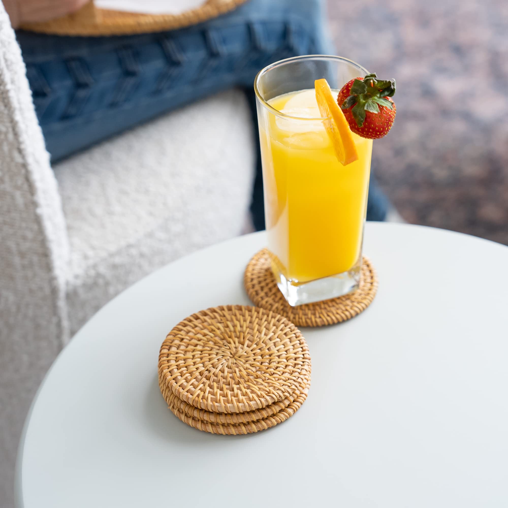Handwoven 12.6" Large Round Rattan Serving Tray with Handles & Drink Coasters β Decorative Coffee Table Ottoman Woven Wicker Fruit Basket β Boho Circular Living Room Home Decor
