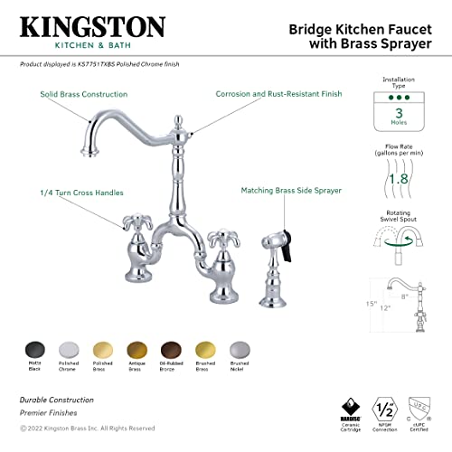 Kingston Brass KS7757TXBS French Country Bridge Kitchen Faucet, Brushed Brass