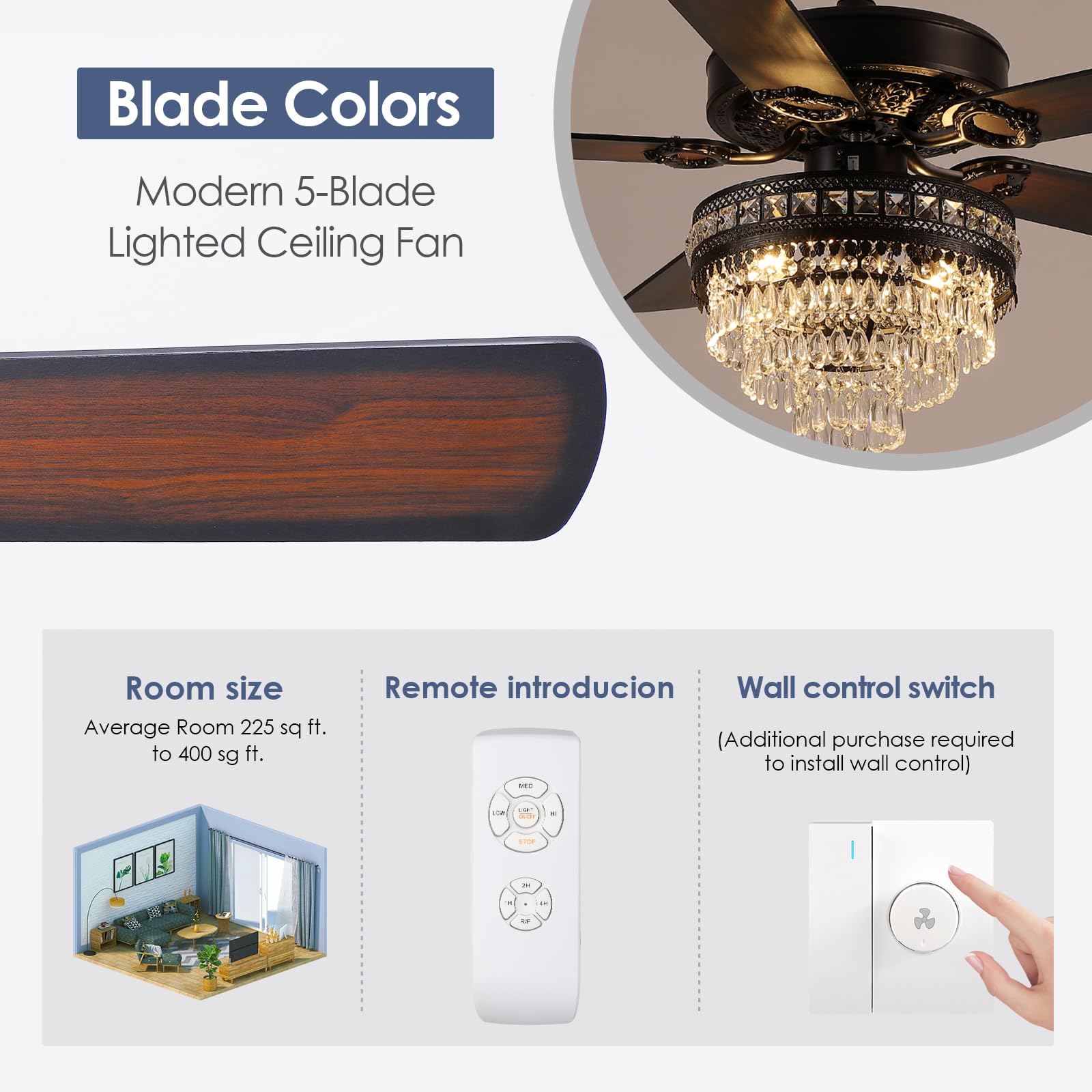 Crystal Ceiling Fan Fandelier with Lights - Modern Outdoor Fans with Remote Control,Noiseless AC Motor, Retro/Farmhouse Lighting, Dining Room, Living Room (52"