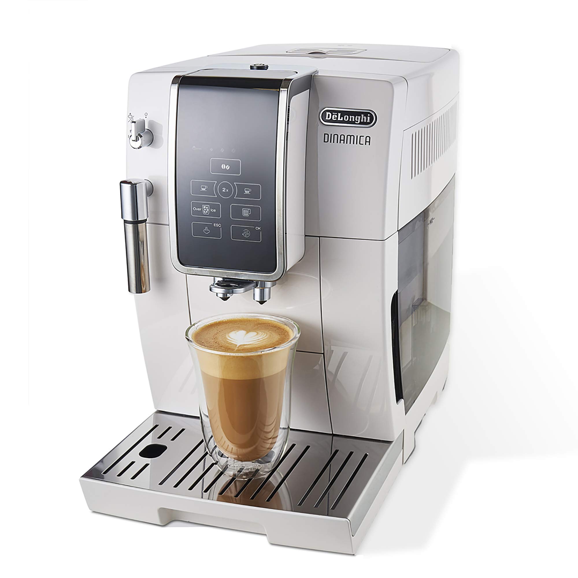 De'Longhi Dinamica Automatic Coffee & Espresso Machine TrueBrew, Burr Grinder + Descaling Solution, Cleaning Brush & Bean Shaped Icecube Tray, White & Milk Frothing Jug, 12 oz, Stainless Steel