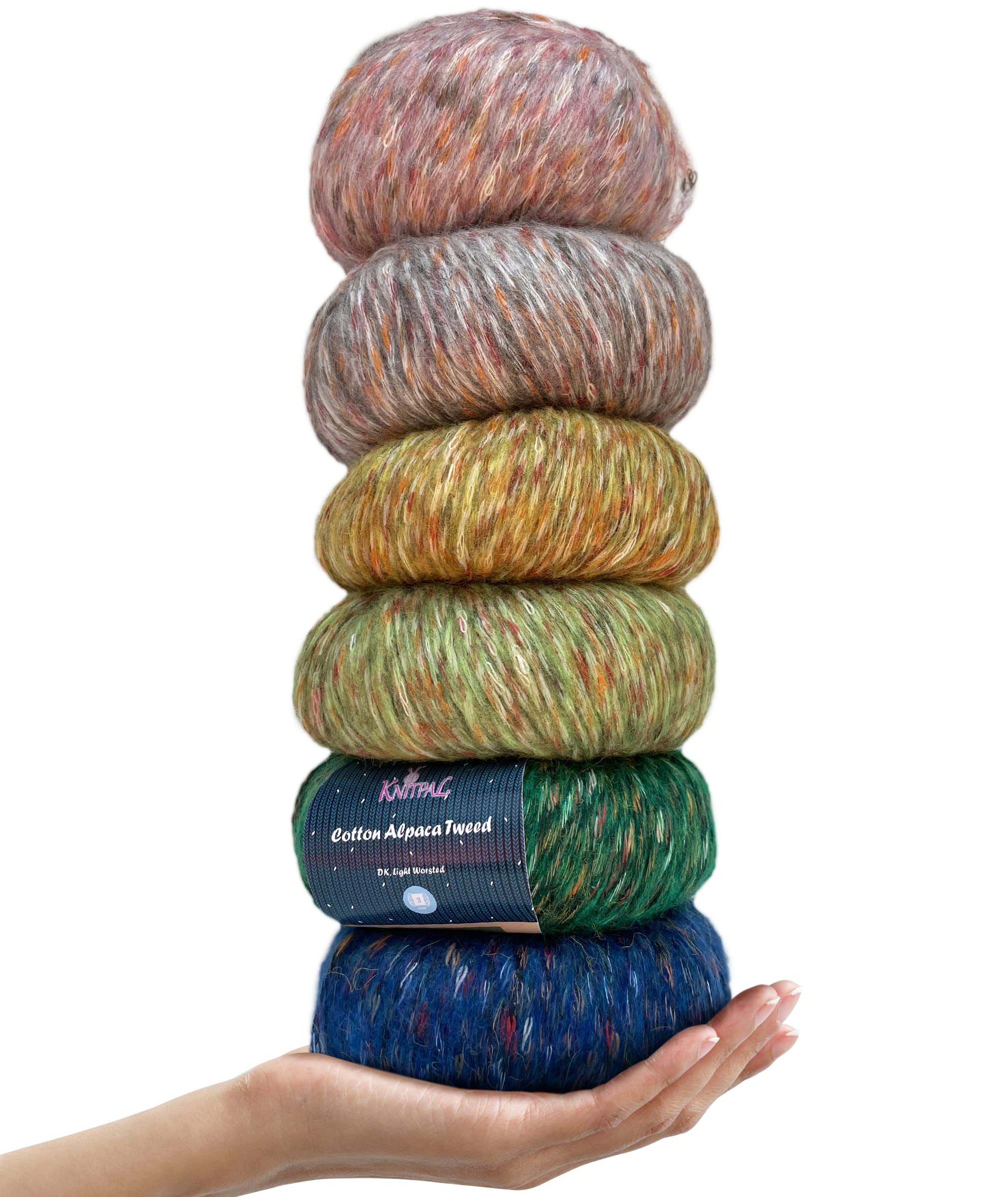 Cotton Alpaca Tweed, 3 DK, Light Worsted Yarn, Assorted Variety Craft Pack of 6 (882yds/300g), Super Soft Fluffy Blend for Knitting, Crocheting, Loom and Weaving (Forest Pack)