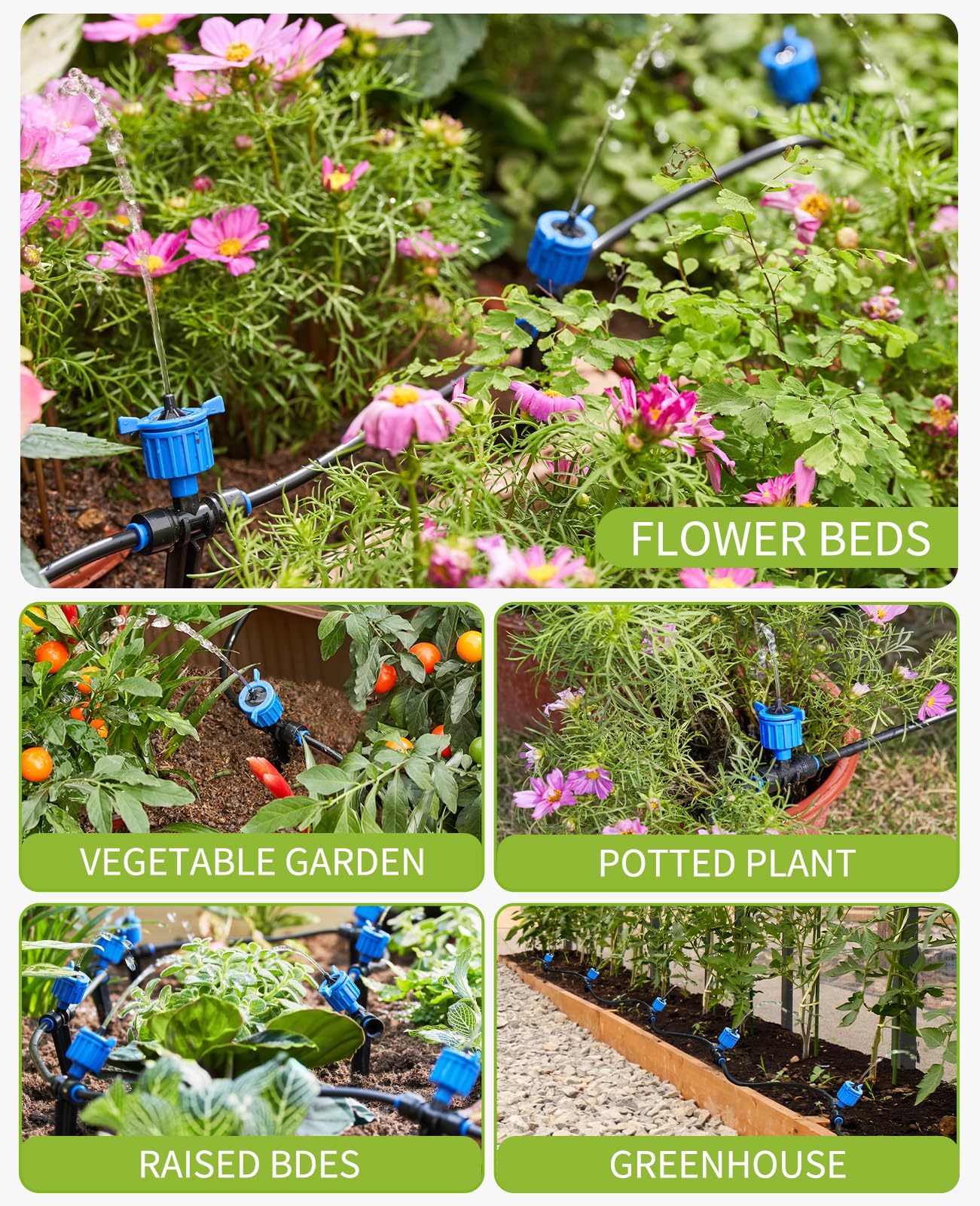 HIRALIY 50FT Garden Watering System with 12Pcs Pressure Compensation Drippers and 5-Way Connector, New Quick Connector Drip Irrigation Kits, Irrigation System for Plant