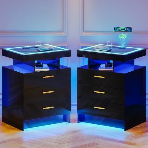 Lvifur 2 Set Nightstands with Wireless Charging Station, Auto Sensor 3 Color Dimmable LED Night Stand, Modern Bedside Table with 3 Drawers & 3 Open Compartments (2 x Black)