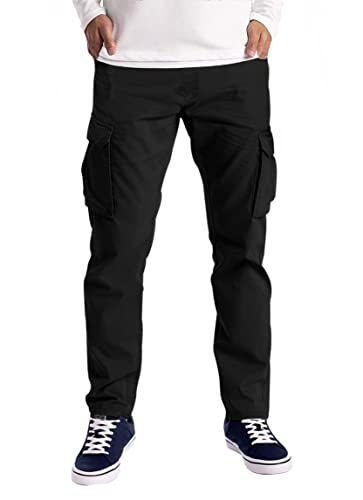 THWEI Mens Casual Cargo Pants Cotton Jogger Sweatpants Elastic Waist Trousers Black S