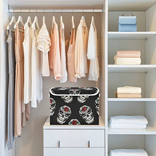 innewgogo Skull with Rose above Head Storage Bins with Lids for Organizing Cube Cubby with Handles Oxford Cloth Storage Cube Box for Toys