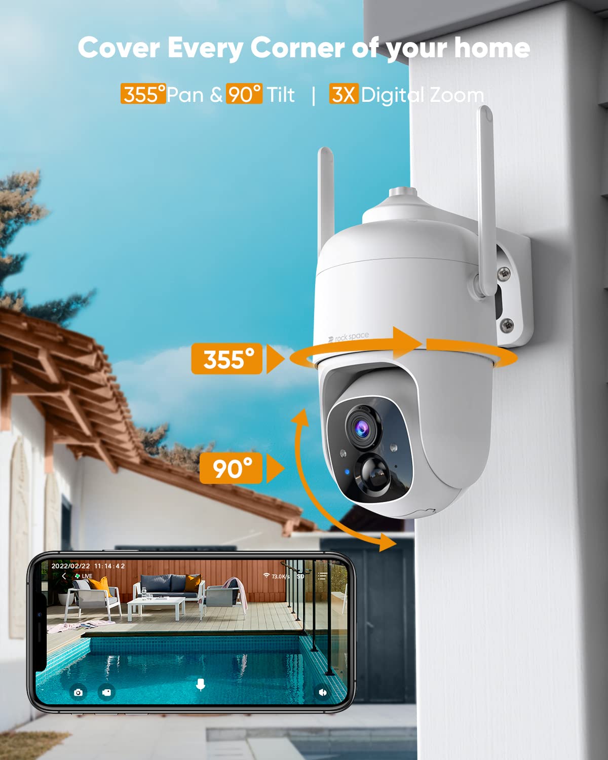 rockspace Outdoor WiFi Security Camera, 360° View Security Camera Wireless Outdoor, Pan Tilt Solar Powered with 1080p Night Vision, 2.4 Ghz Wi-Fi, 2-Way Talk, Motion Detection, Ip65 Waterproof