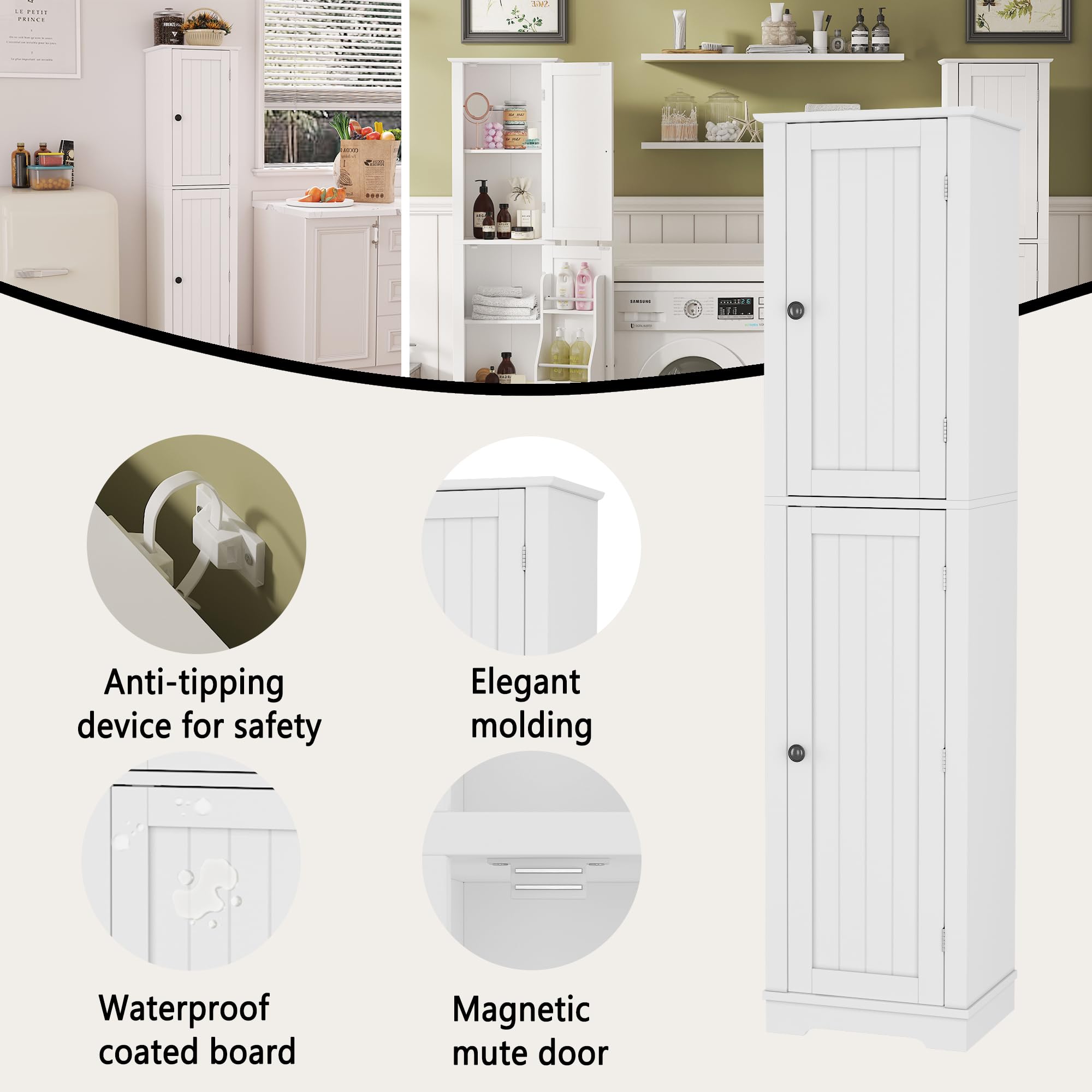 Function Home Modern Storage Cabinet, Free-Standing Floor Cabinet, Bathroom Cabinet with Adjustable Drawers, Open Shelf and Two Doors, Wooden Cupboard for Home, Living Room, Kitchen, Bedroom in White