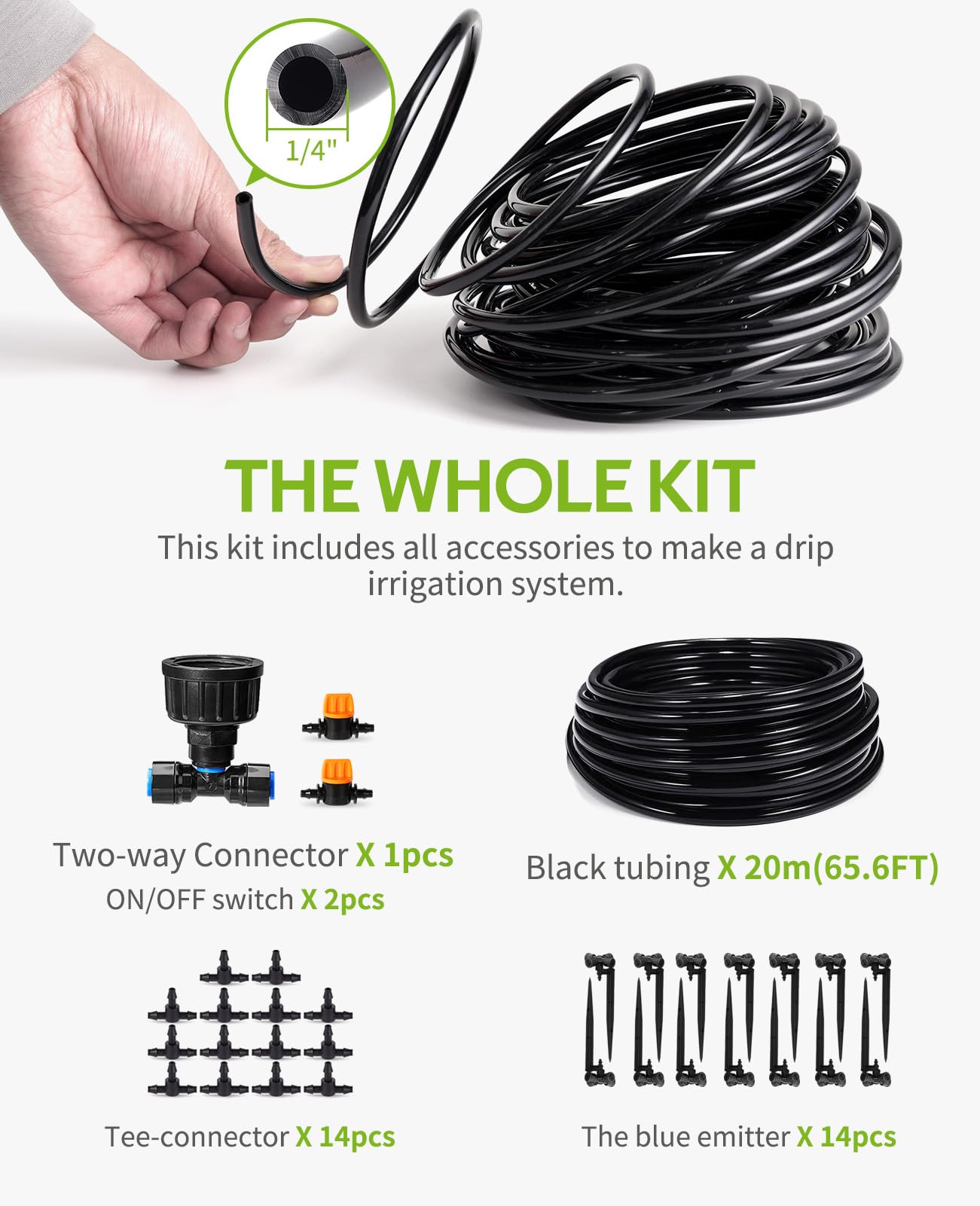 HIRALIY 65FT Drip Irrigation Kit, Plant Watering System, 1/4" Blank Distribution Tubing and 4-Outlet Watering Misting Nozzles, Automatic Irrigation Equipment Set for Patio Lawn