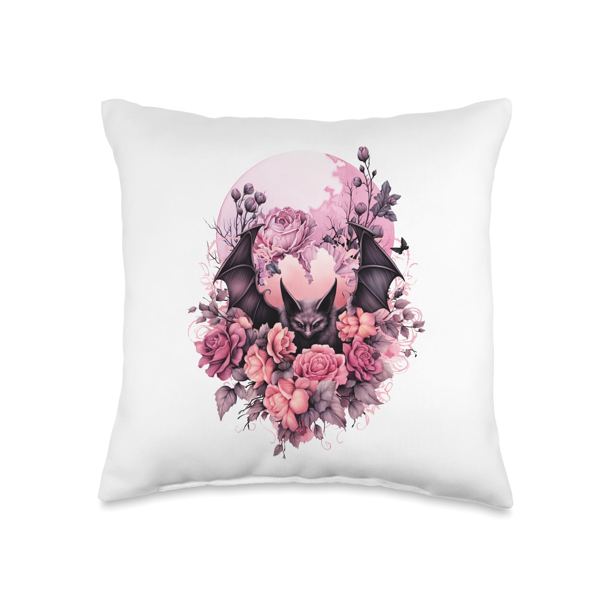 Cute Pastel Color s Floral Halloween s Water Color Halloween Pale Pastel Colors s Trendy Feminine s Bat & Moon Throw Pillow, 16x16, Multicolor
