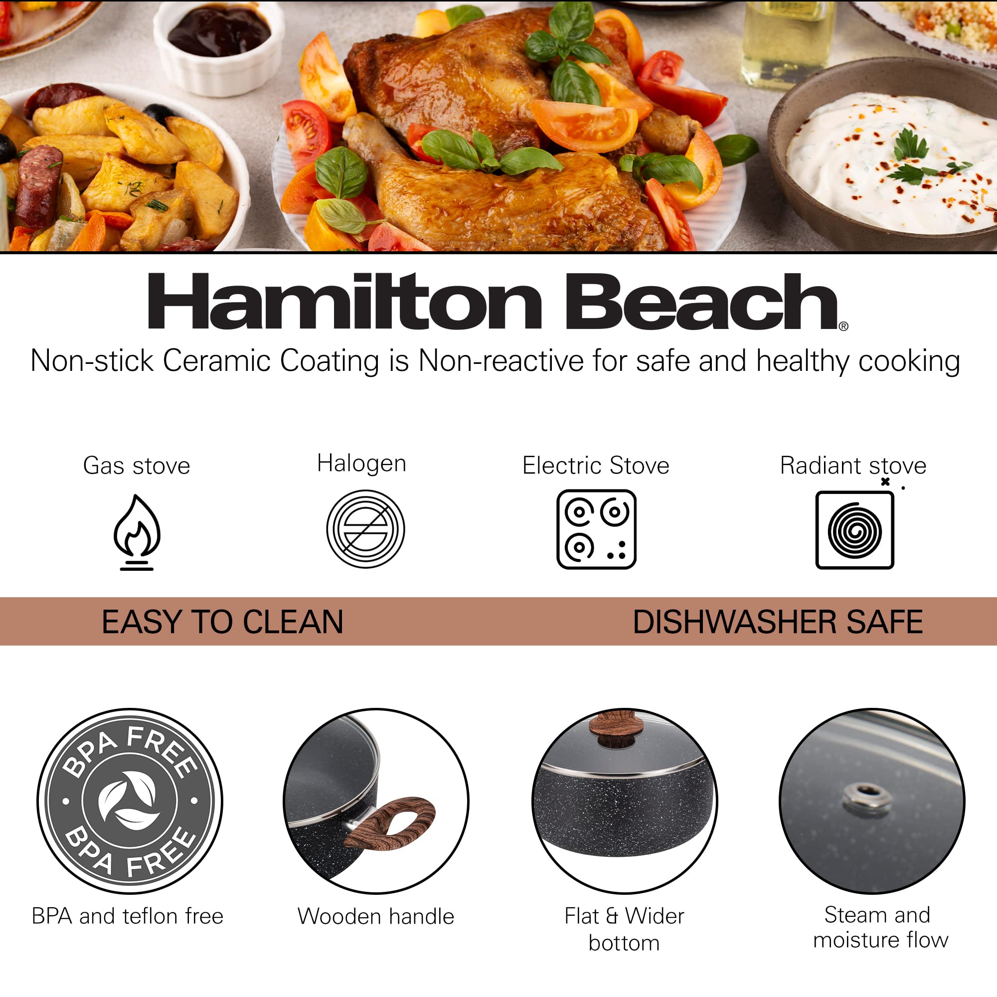 Hamilton Beach 3 Quart Nonstick Marble Coating Even Heating Round Dutch Oven Pot with Glass Lid and Wooden Like Soft Touch Handle, Dutch Oven Pot, Braising, Roasting