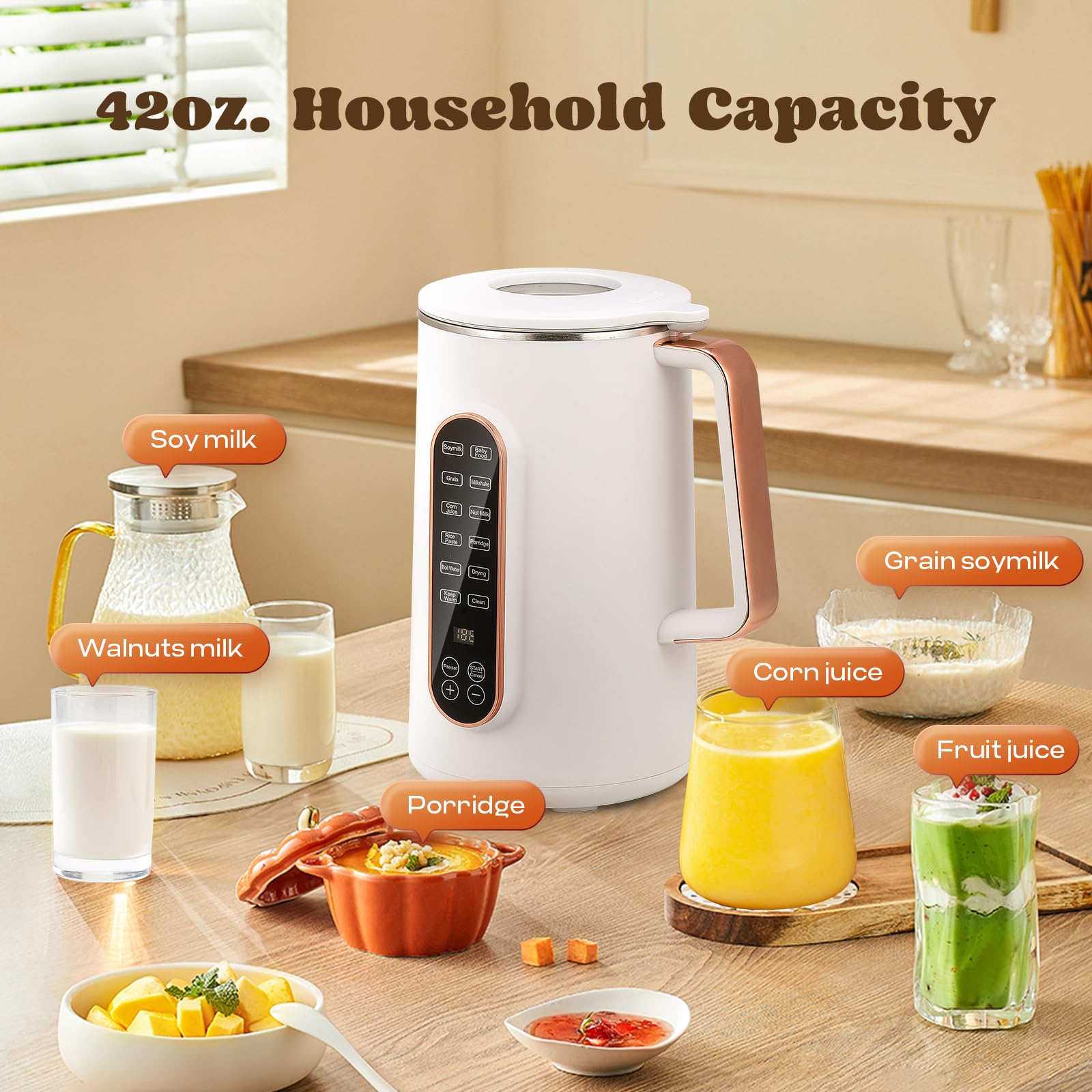 Moongiantgo 40oz Soy Milk Maker, 8-1 Automatic Almond Milk Maker Machine, Plant-Based Milk, Oat Milk, Dairy Free Beverages, 10 Blades Nut Milk Maker with 12h Delay Start/Keep Warm/Auto Clean (White)