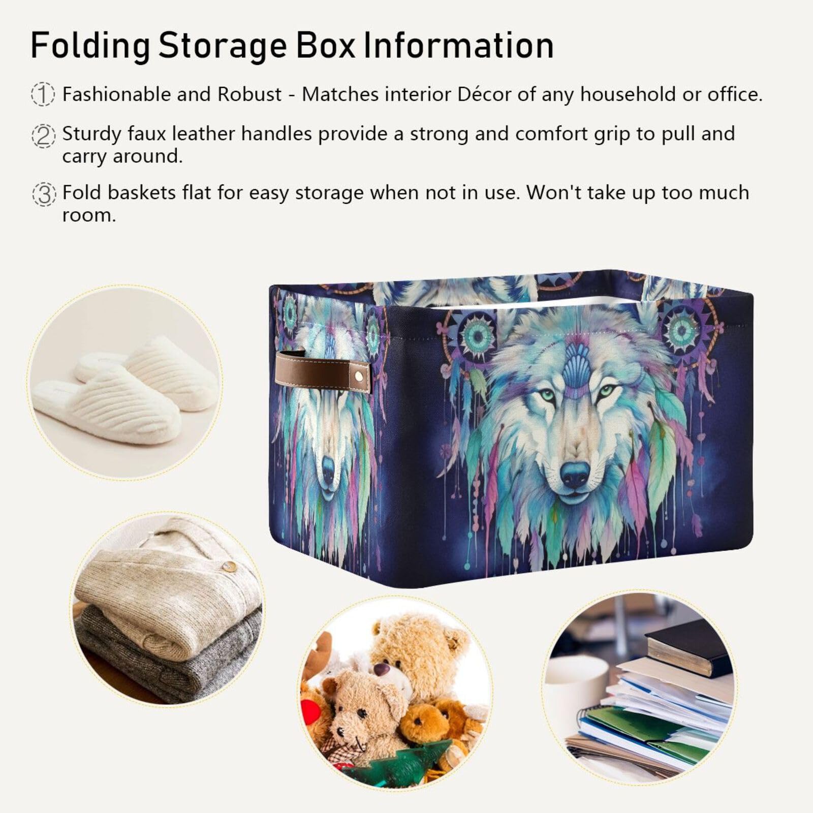 KJIZMO Wolf and Dream Catcher Foldable Storage Basket for Shelves, Collapsible Sturdy Storage Bin with Handles, Canvas Storage Cube for Organizing Closet 1PC
