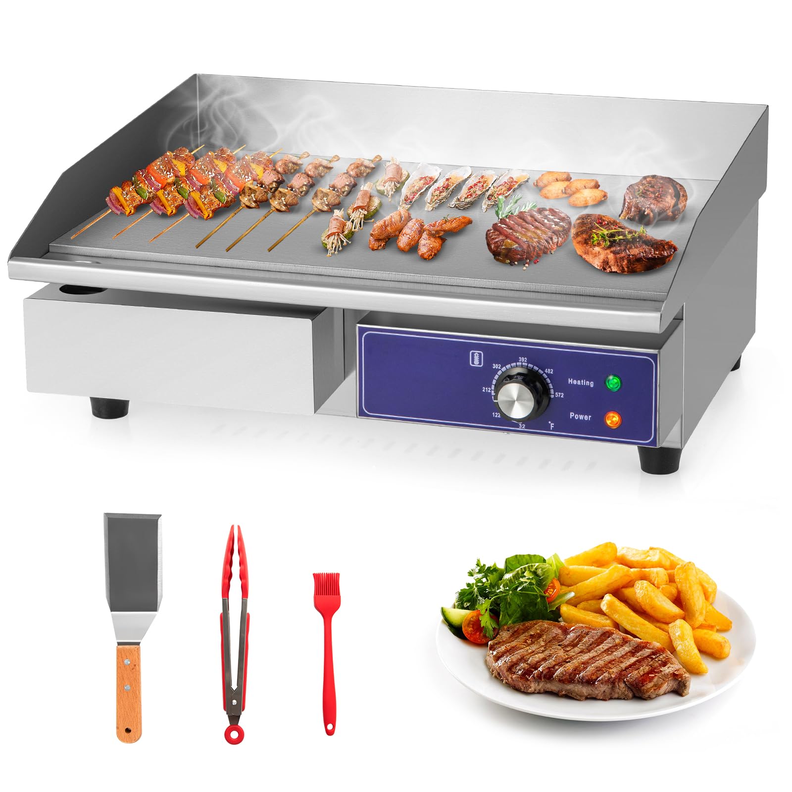 Giantex Commercial Electric Griddle 22" - 110V 2000W Countertop Griddle with Cast Iron Griddle Plate & Stainless Steel Frame, Restaurant Teppanyaki Flat Top Grill, Adjustable Temp Control 122ā-572ā