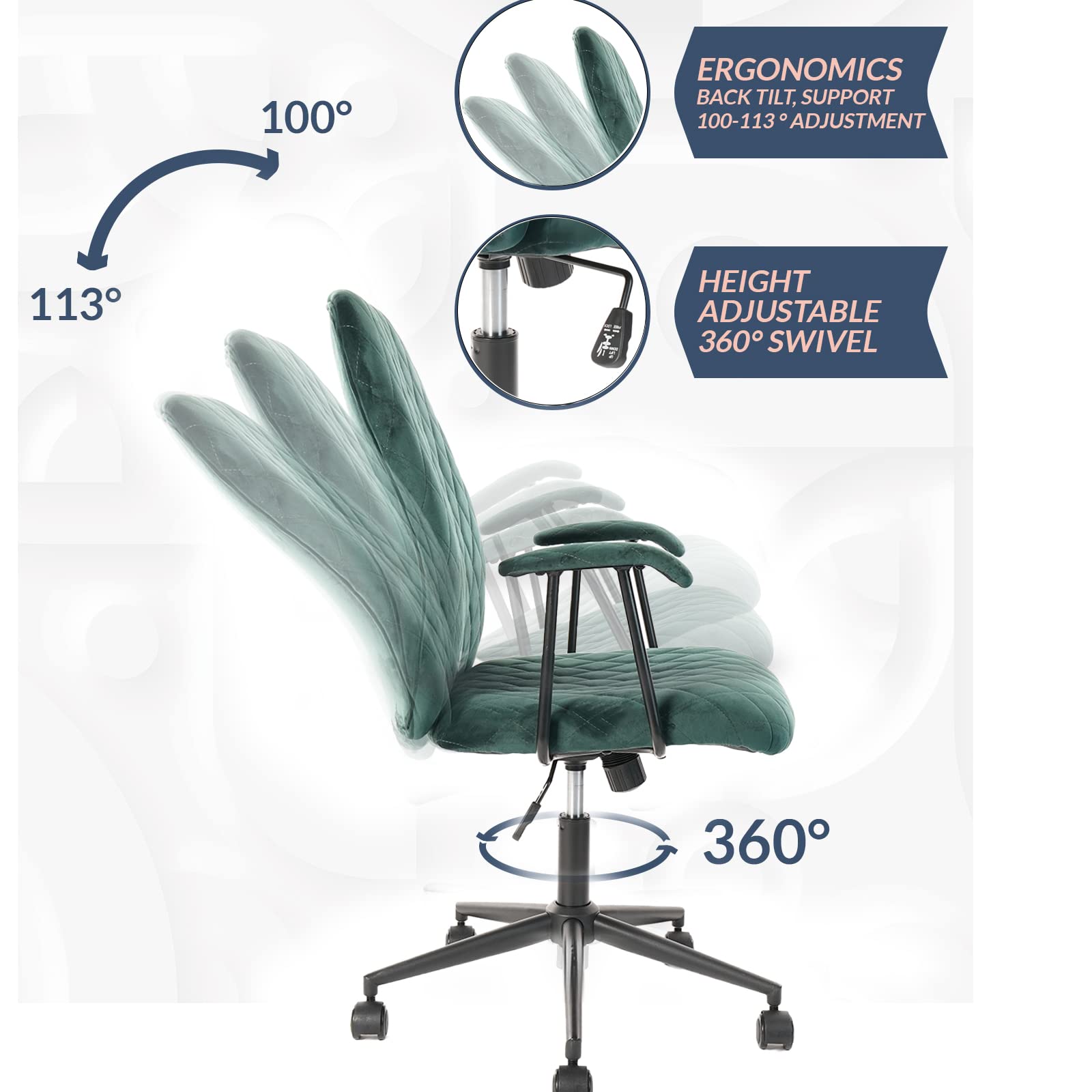 KLASIKA Dark Green Home Office Chair, Vintage Upholstered Adjustable Swivel Arm Chair with Lumbar Support Wheels, Mid-Back Leisure Velvet Vanity Task Chair 4 Pack