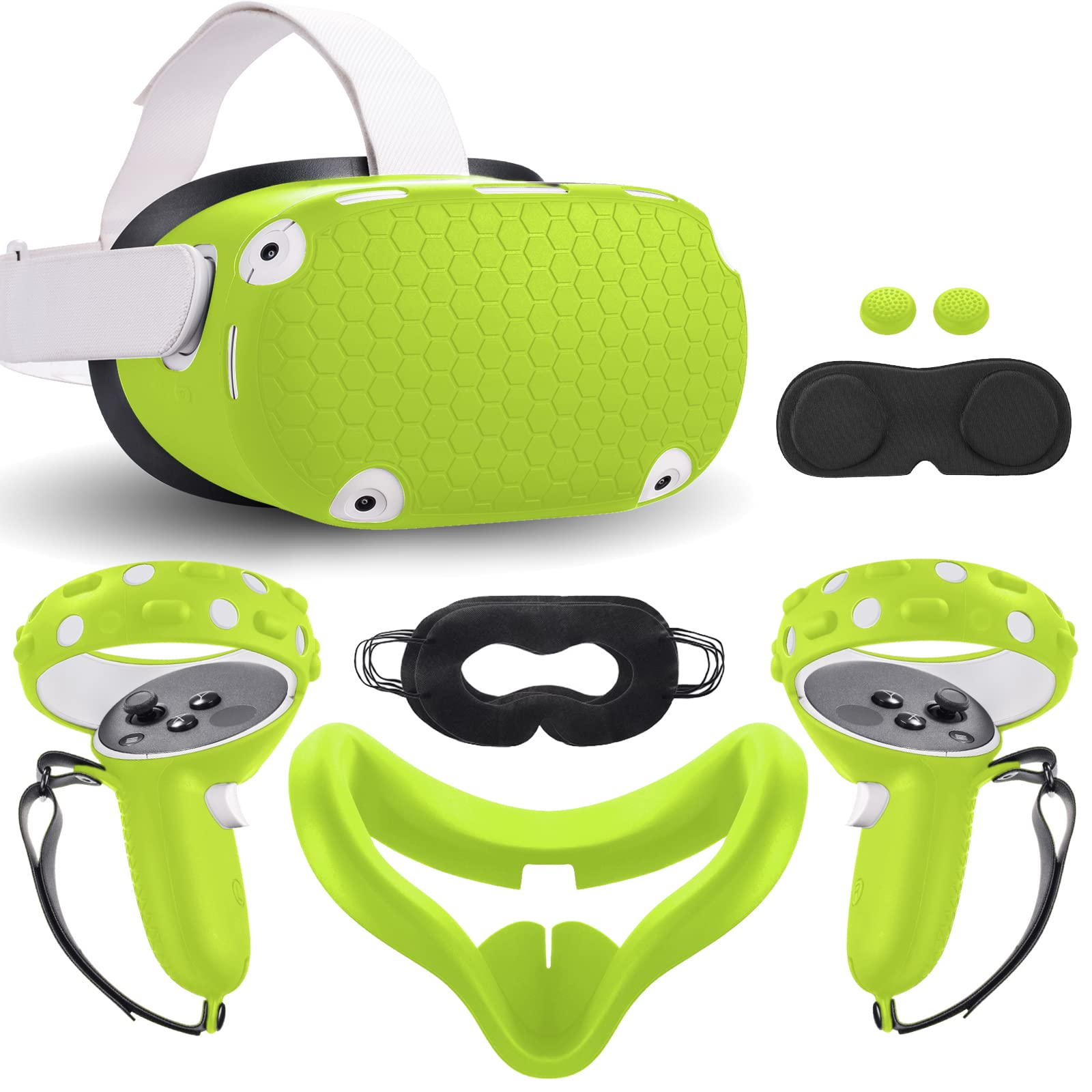Compatible with Oculus Quest 2 Silicone Case Accessory with VR Case Cover, Silicone VR Face Cover Pad and Touch Controller Grip Cover Compatible with Quest 2, Lens Cover, Eye Mask (Green)
