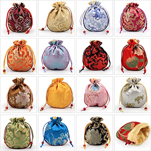 Cotton Filled Drawstring Small Bags for Jewelry Gift Pouch Packaging Chinese Silk Brocade Jewelry Pouch Thicken Luxury Jewellery Storage Bag (50, Mixed Color)