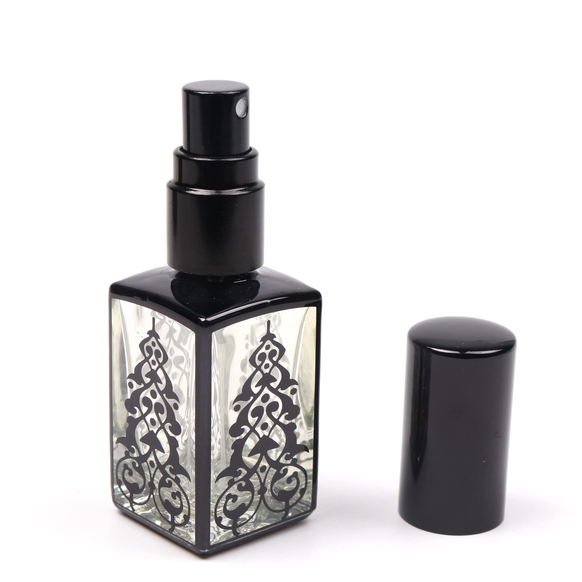 HUGE FUN 10ml Travel Perfume Bottle Refillable Atomizer with Islamic Decor Pattern, Portable Mini Travel Size Spray Bottle Travel Essential for Women (10ML/0.34OZ, Black Christmas Tree)