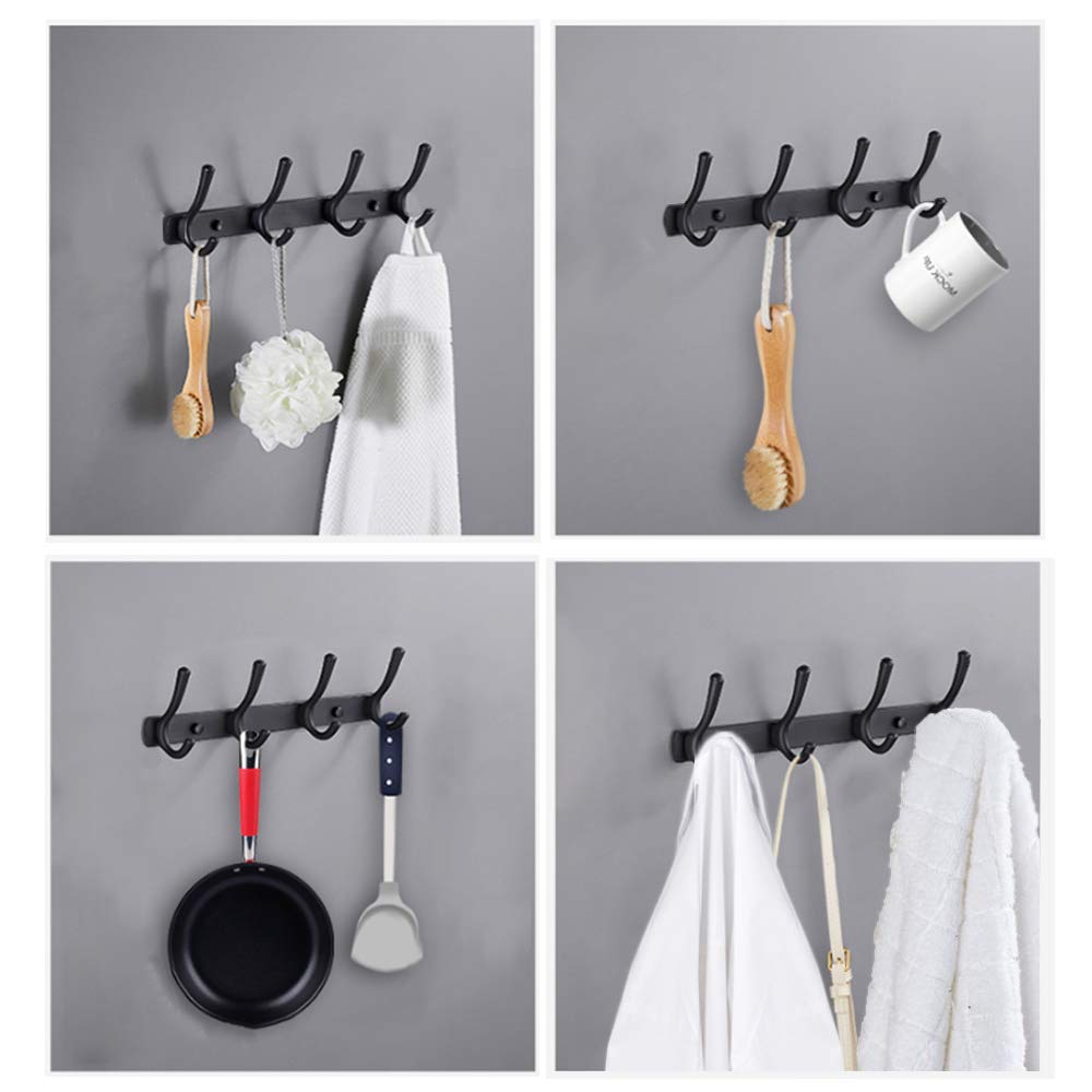 Spotact Wall Mount Coat Hook 2 Packs Aluminum Alloy Dual Black Hooks Clothes Rack 13.8 x 1.3β Hanging Jackets Caps Bags Dog Leash Towels and Keys (4 Hooks(2 Packs))