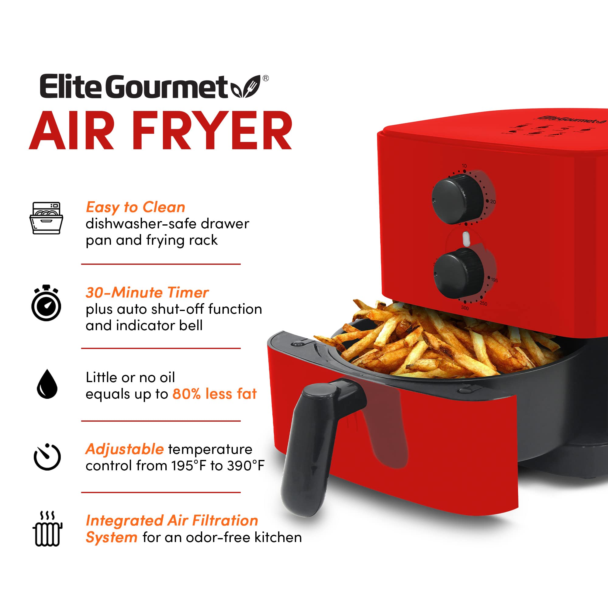 Elite Gourmet EAF-3218R Personal 1.1 Quart Compact Space Saving Electric Hot Air Fryer Oil-Less Healthy Cooker, Timer & Temperature Controls, Red.