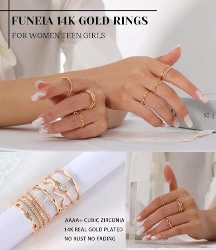 FUNEIA 8PCS 14K Gold Plated Stacking Rings for Women Size 5 to Size 9 Gold Silver Stackable Knuckle Rings Set Simple Thumb Thin Wedding Pain Band Rings (gold, 12)