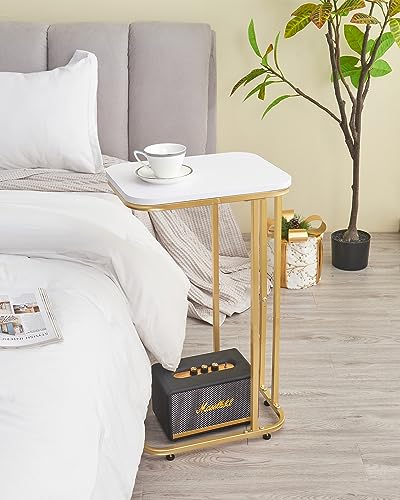 KJGKK C Shaped End Table, 26.6 inches High Side Table for Couch Sofa Bed, Small Tv Tray, for Living Room, Bedroom, Metal Frame, Gold & White