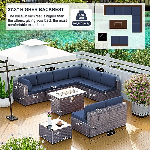 Kullavik 10 Pieces Outdoor Patio Furniture Set with 43" Gas Propane Fire Pit Table PE Wicker Rattan Sectional Sofa Patio Conversation Sets,Navy Blue