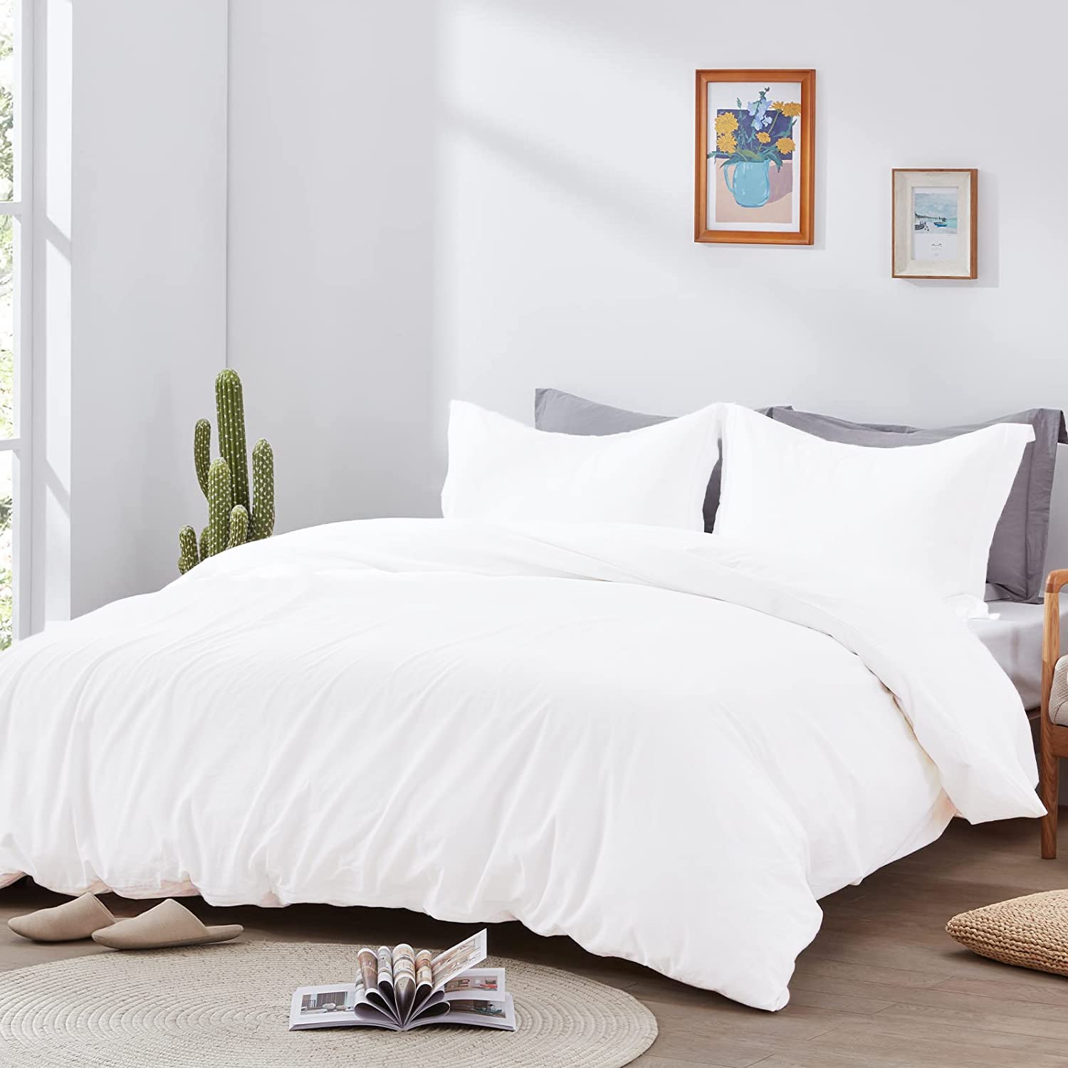 Precious Star Linen 100% Cotton White Solid Duvet Cover Set Super King Size 98x108 Inch Zipper Closure & Corner Ties, Soft & Breathable 1000 TC Duvet Cover with 2 Pillow Shams