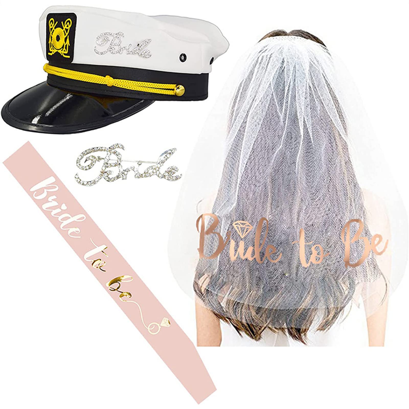 HUIFACAI 3 Pack Bride to Be Set Sash Yacht Hat White Short Veil Bachelorette Party Supplies Bridal Shower Decorations Kits, Pink