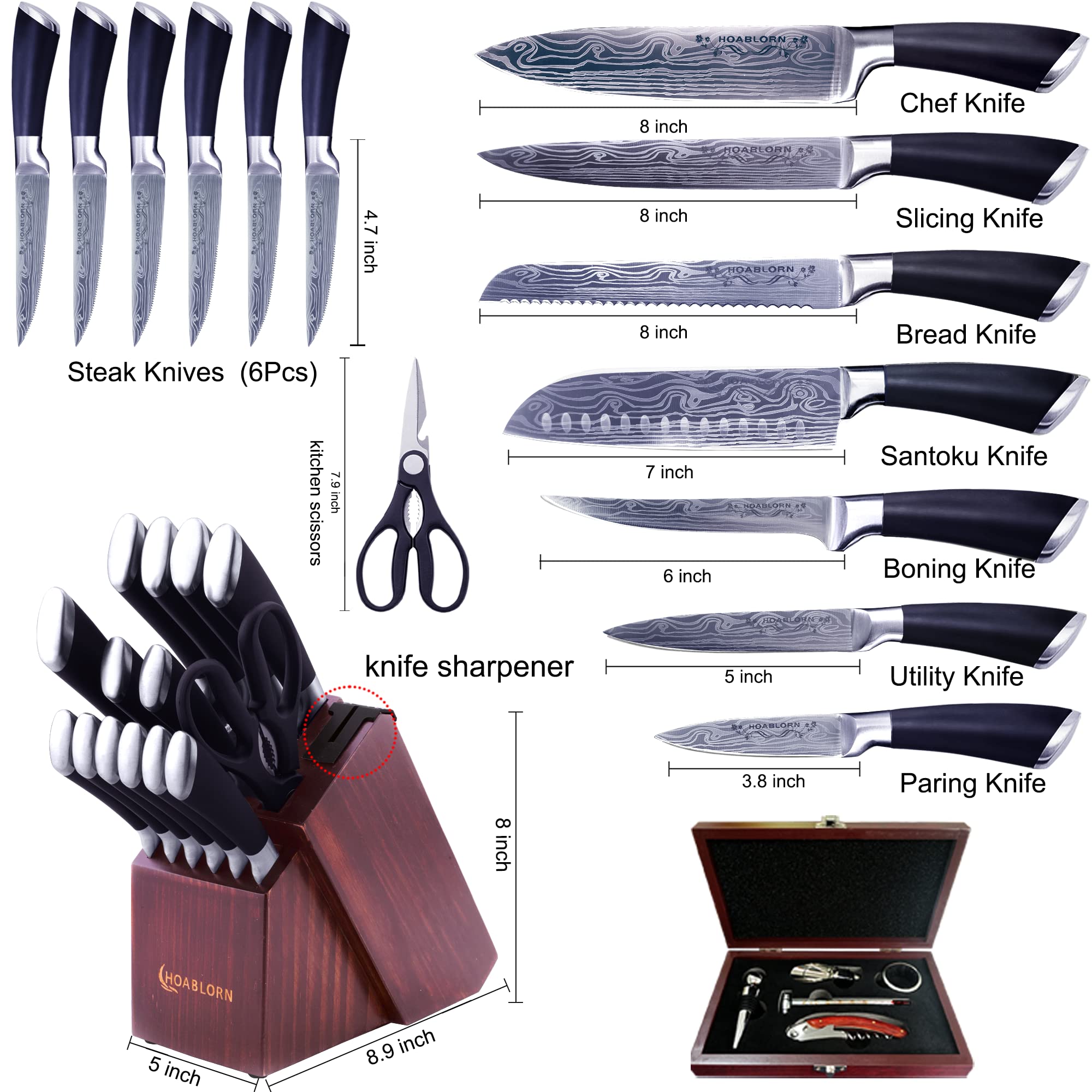 Knife Set Kitchen Knife Set with Knife Block, 15-Piece Professional Stainless Steel Damascus Set with Built-in Knife Sharpener and Free Wine Box,Great Gift Idea!