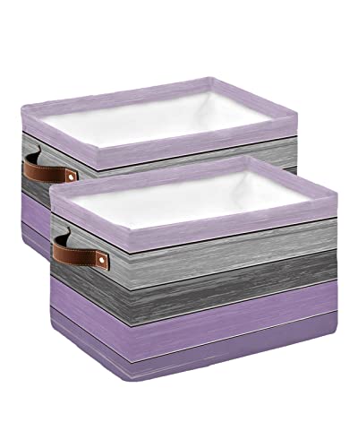 Large Capacity Storage Bins 2Pcs Stripe Wood Grain Purple and Grey Storage Cubes, Collapsible Storage Baskets for Organizing for Bedroom Living Room Shelves Home 15x11x9.5 In