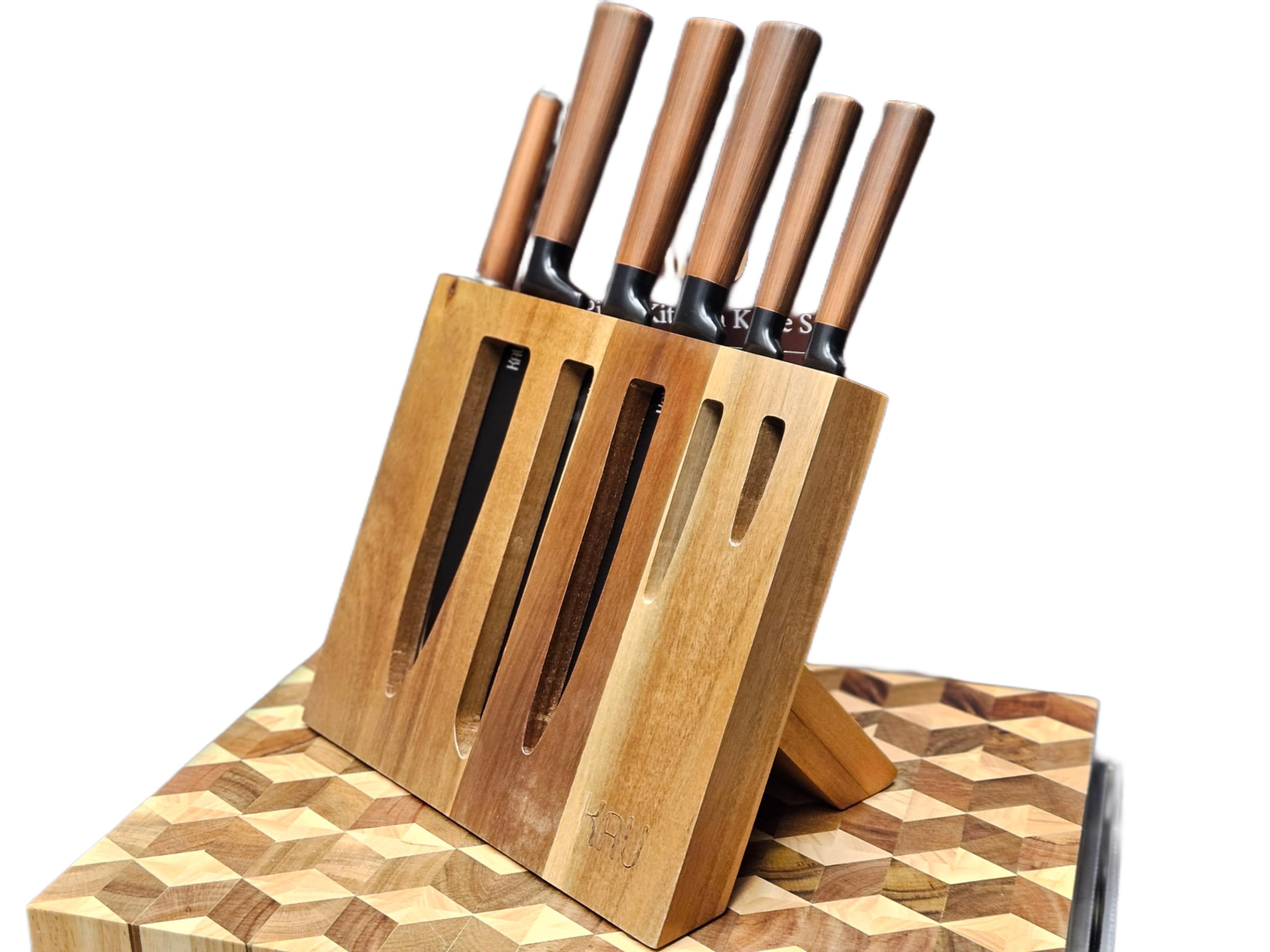 Knife Set with Block, KAV 7pc Kitchen Knives and Sharpening Rod, Stainless Steel Knife Set in High Carbon Matte Black, Chef's Slicing Bread Utility Knifes, Modern Wooden Block Open Face