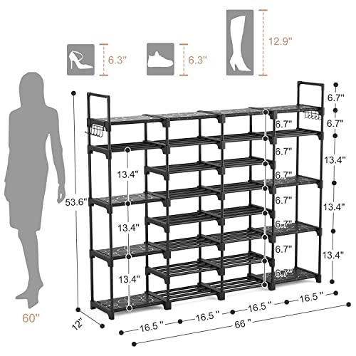 ROJASOP Large Shoe Rack Storage Organizer for Closet Entryway, 62-66 Pairs Sturdy Tall Shoe Rack for Closet with Side Hooks Garage Shoe Rack Stackable Boot Shoe Rack for Bedroom