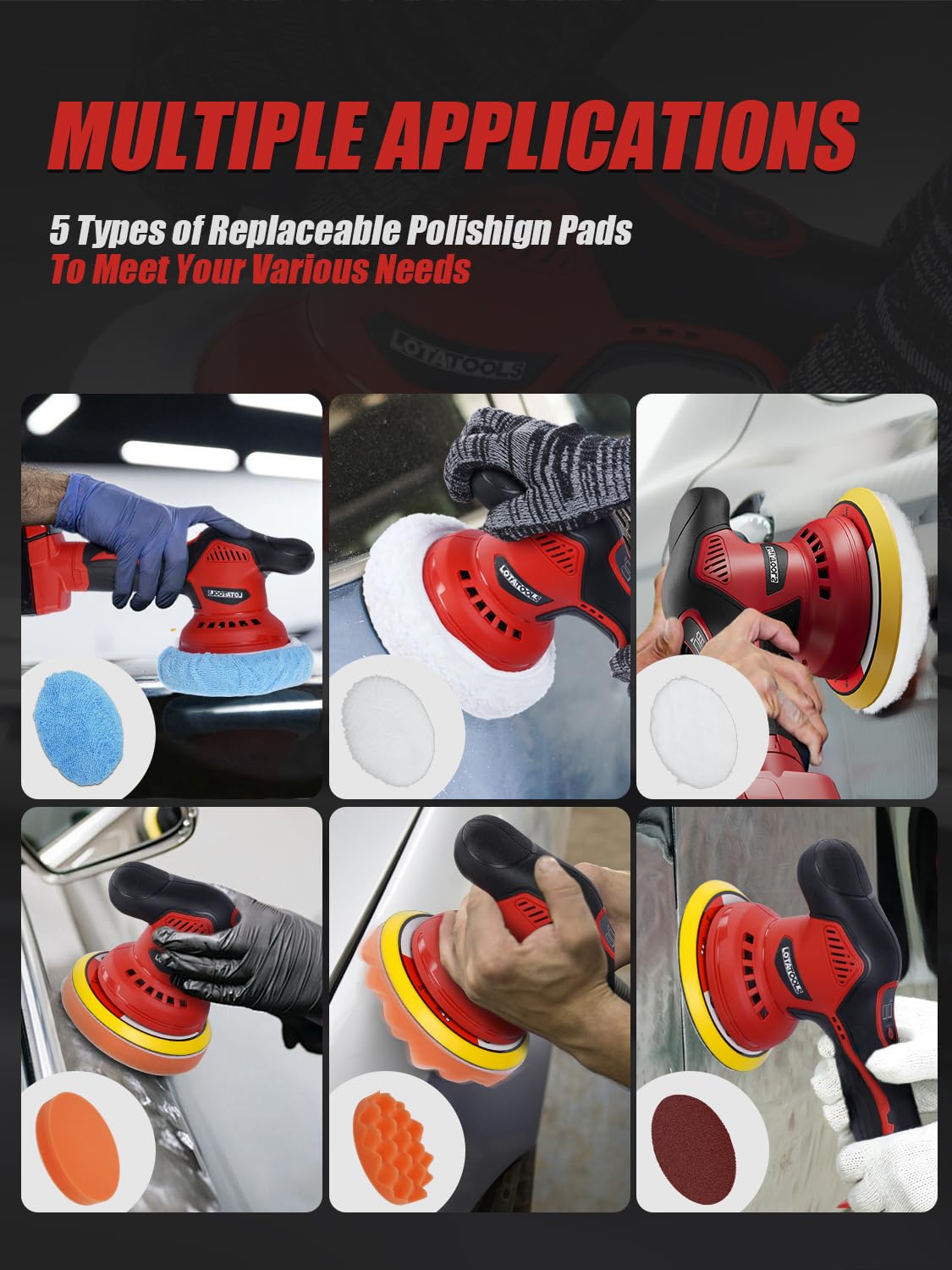 LotaTools Car Detailing and Polishing Compatible with Dewalt 20V Battery, 5500 RPM Dual-Action Polisher with 6 Variable Speeds
