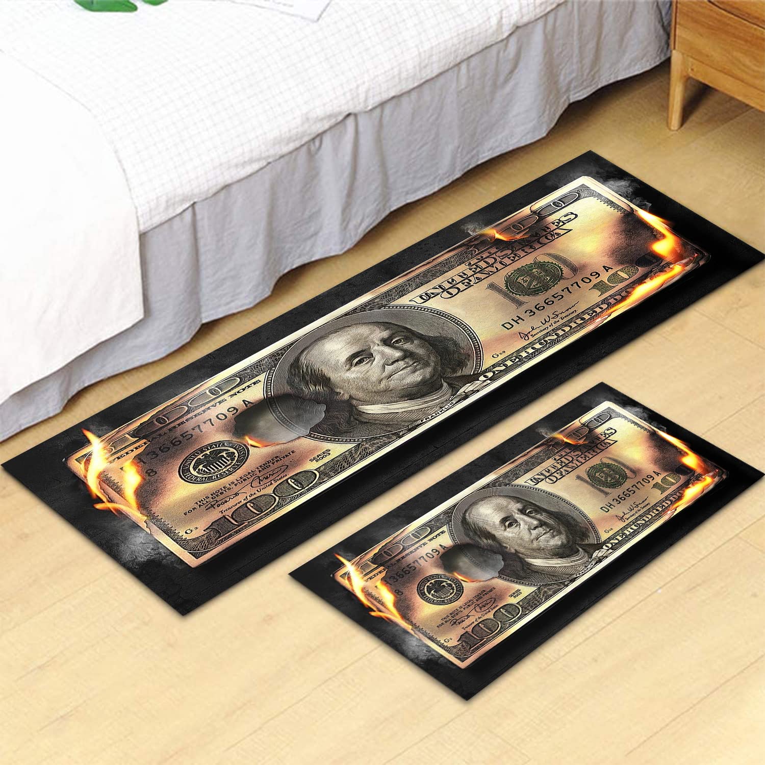 DVKKHD Money Kitchen Rugs Washable Burning 100 Dollar Bill Bathroom Rug Set 2 Piece Modern Kitchen Mats for Floor Non Skid Entryway Rug for Bedroom Home Decor Carpet Runner 17.7βx29.5β+17.7βx59β