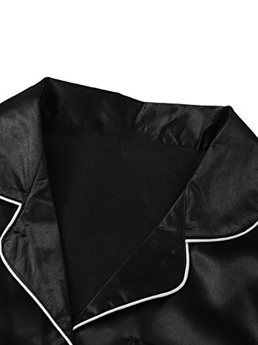 SweatyRocks Women's Short Sleeve Sleepwear Button Down Satin 2 Piece Pajama Set Black Large