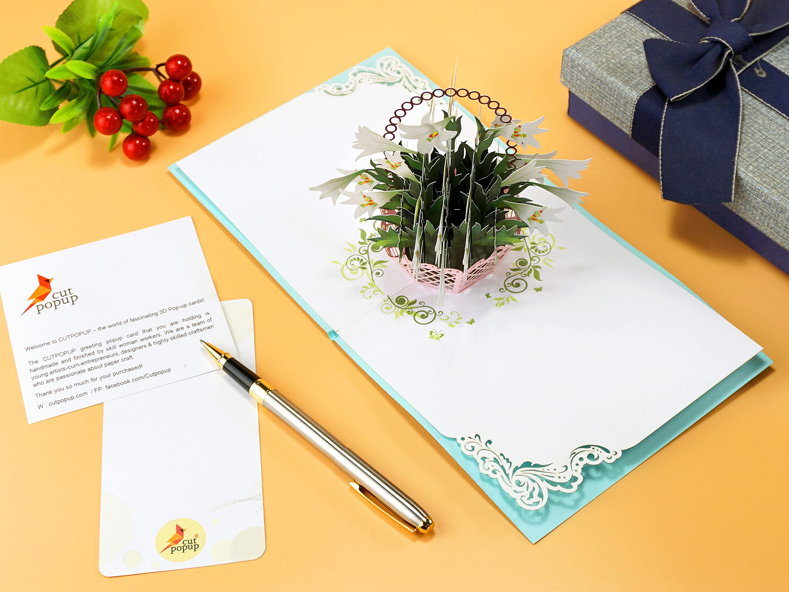 CUTPOPUP Birthday Card Pop Up, Mother's Day, 3D Greeting, Thank You Card (White Lily Flowers Basket)