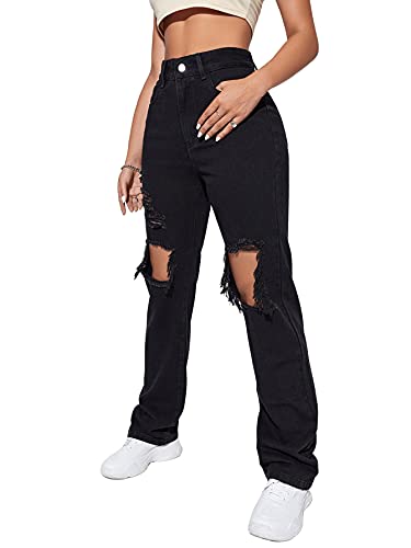 SweatyRocks Women's Casual Loose Ripped Denim Pants Distressed Wide Leg Jeans Black XL