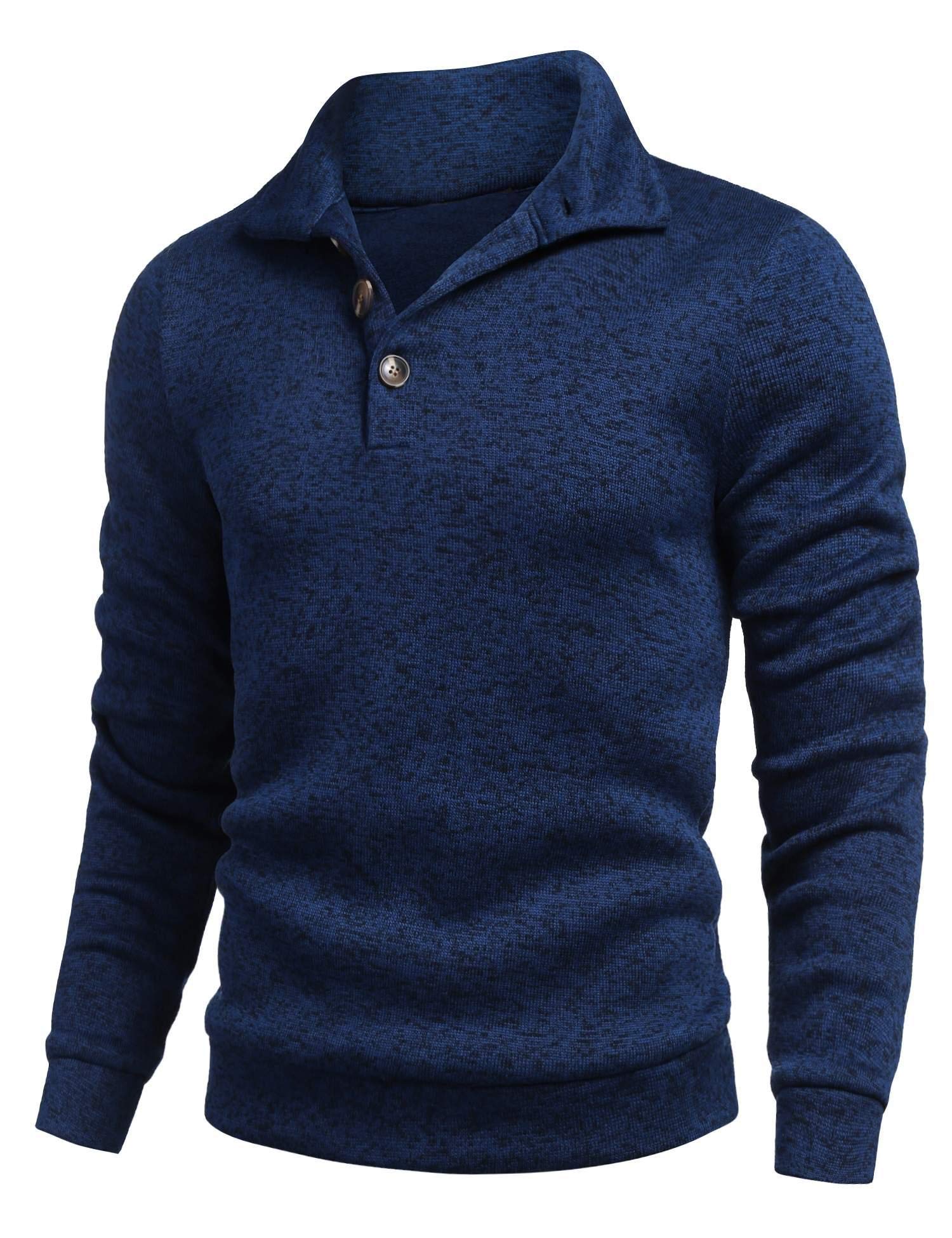 COOFANDY Mens Casual Knit Sweater Shirt Shawl Collar Fit Winter Pullover Navy Blue