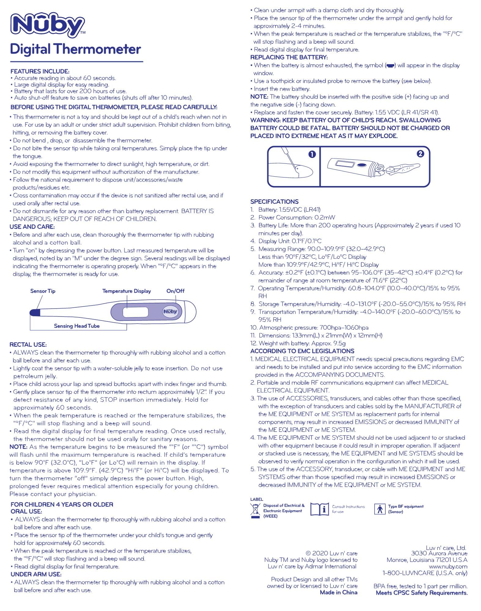 Nuby Digital Thermometer - Accurate Oral, Underarm & Rectal Use Thermometer with Hygienic Cover