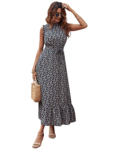 SweatyRocks Women's Floral Sleeveless Ruffle Hem A Line Midi Dress Mock Neck Belted Dresses Blue White S