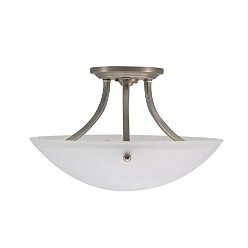 Noble Home 2-Light Contemporary Semi Flush Mount Light | Ceiling Mount Fixture with Alabaster Glass Shade | Hanging Lighting for Living Room, Bedroom, and Foyer, Satin Nickel