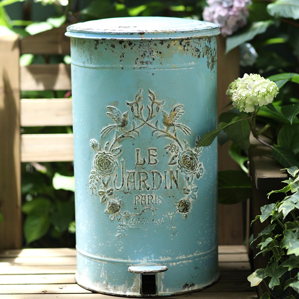 Z&Z ornamentorum Blue Trash Can 4.5 Gallon Retro Kitchen Trash Can with Lid and Pedal Round Touchless Garbage Cans with Flower and Bird Patterns Outdoor Trash Can for Kitchen Park Garden