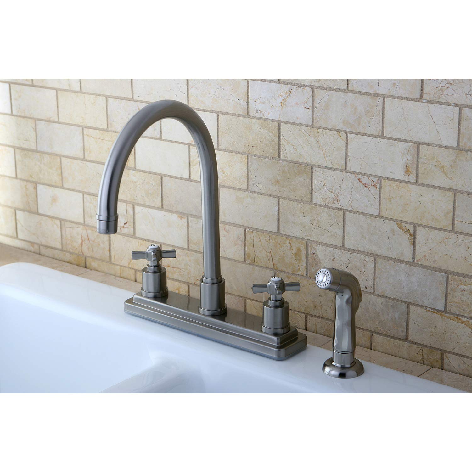 KINGSTON BRASS KS8798ZX Millennium 8-Inch Centerset Kitchen Faucet with ABS Sprayer, Brushed Nickel