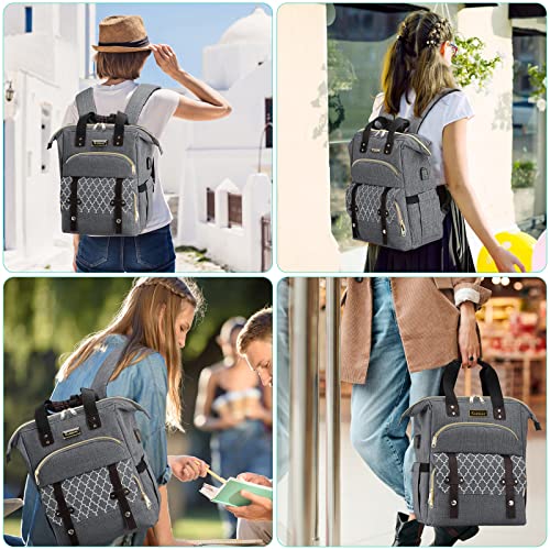 Kuosdaz Travel Backpack for Women Men, Large Wide Open Womens Backpack for Work, Water Resistant Collage Backpack with USB Port, 17.3 Inch School Bookbag Computer Bag for Doctor Teacher Nurse, Grey