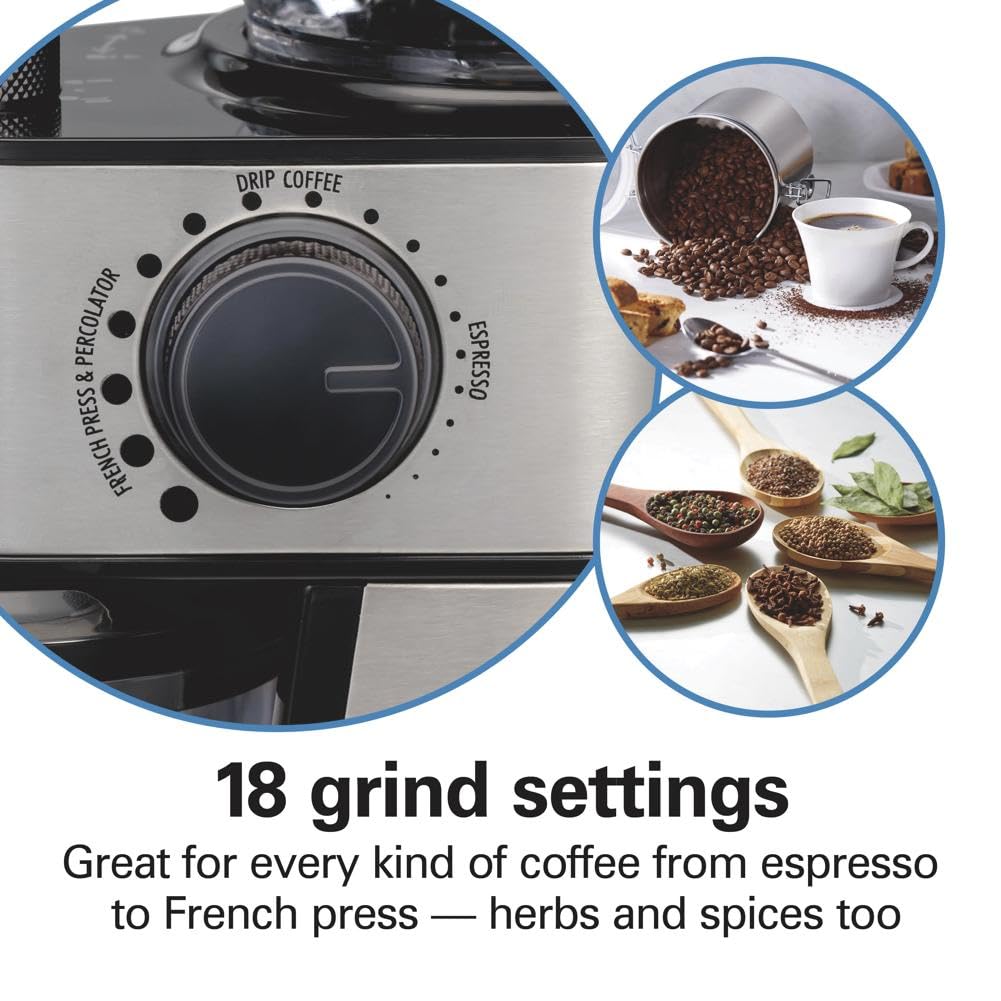 Hamilton Beach Electric Burr Coffee Grinder with Large 16oz Hopper & 18 Settings For 2-14 Cups, Stainless Steel (80385)