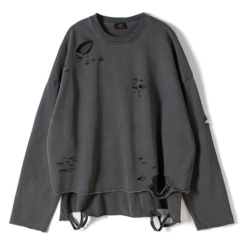 ELKNLMU Vintage Streetwear ripped Sweatshirt Men Fashion Autumn Solid Color Oversize Sweatshirt (Medium, Dark grey)