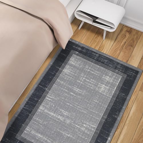 Ottomanson Ottohome Contemporary Bordered Design Rubberback Area Rug, 3'3" x 5', Gray/Navy