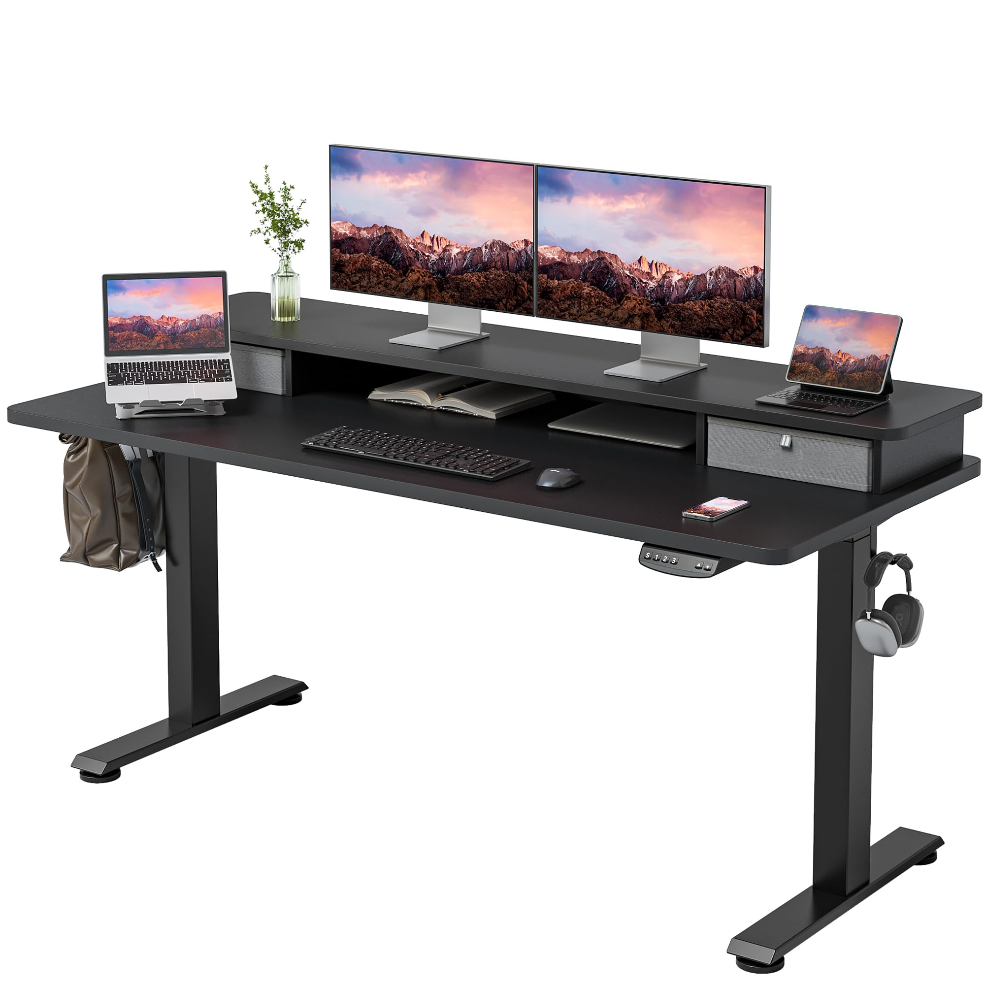 CubiCubi Electric Standing Desk with Double Drawers, 55x24 Inch Height Adjustable Sit Stand Desk with Storage Shelf, Home Office Computer Workstation, Black