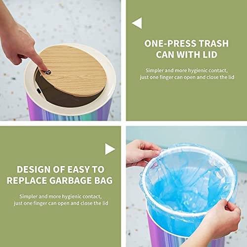 IBPNKFAZ89 Small Trash Can with Lid Holographic Iridescent Surface Wrinkled foil Abstract foil 80s Texture Garbage Bin Wood Waste Bin Press Cover Round Wastebasket for Bathroom Bedroom Office Kitchen